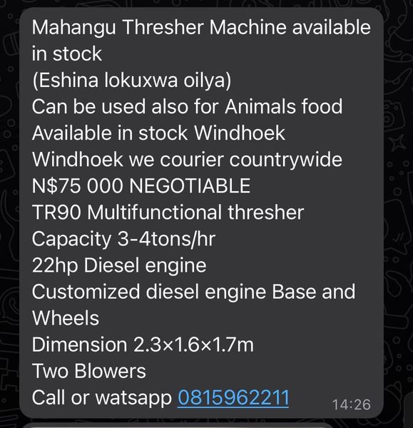 Mahangu Thresher for sale in Windhoek - Processing Machines - Kalahari ...