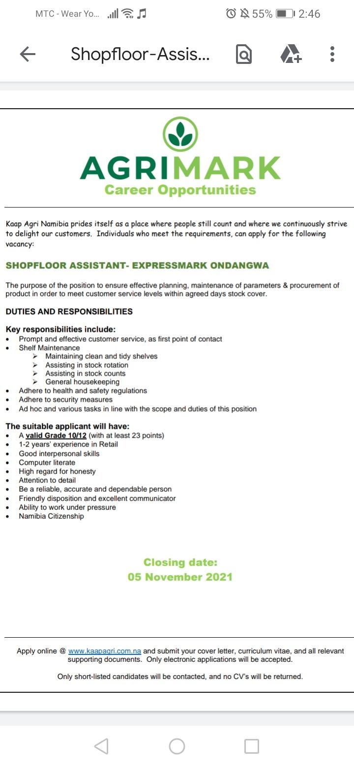 VACANCY AT AGRIMARK ONDANGWA in Windhoek - Hiring - Kalahari Deals Namibia