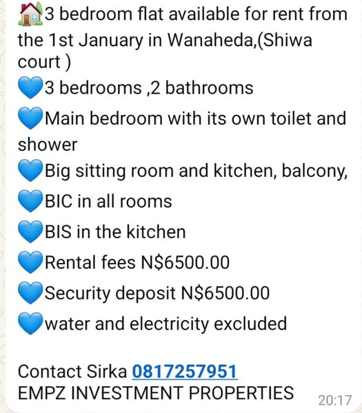 3 bedroom flat available for rent in Wanaheda in Windhoek - Flats for ...