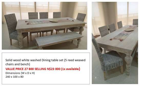 NEW Solid wood white washed Dining table set (5 reed weaved chairs and ...